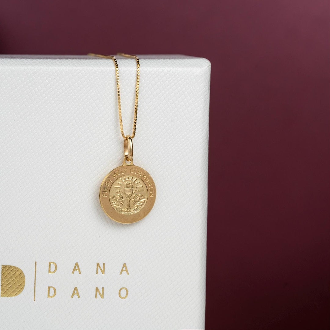 10K Gold First Holy Communion Medallion 15mm, 10K Solid Gold First Holy ...