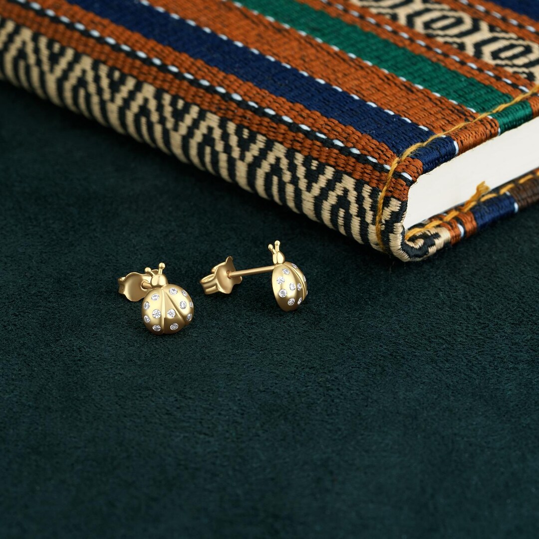Ladybug Earrings 10K Gold, Ladybug Studs, Ladybird Earrings, Diamond ...