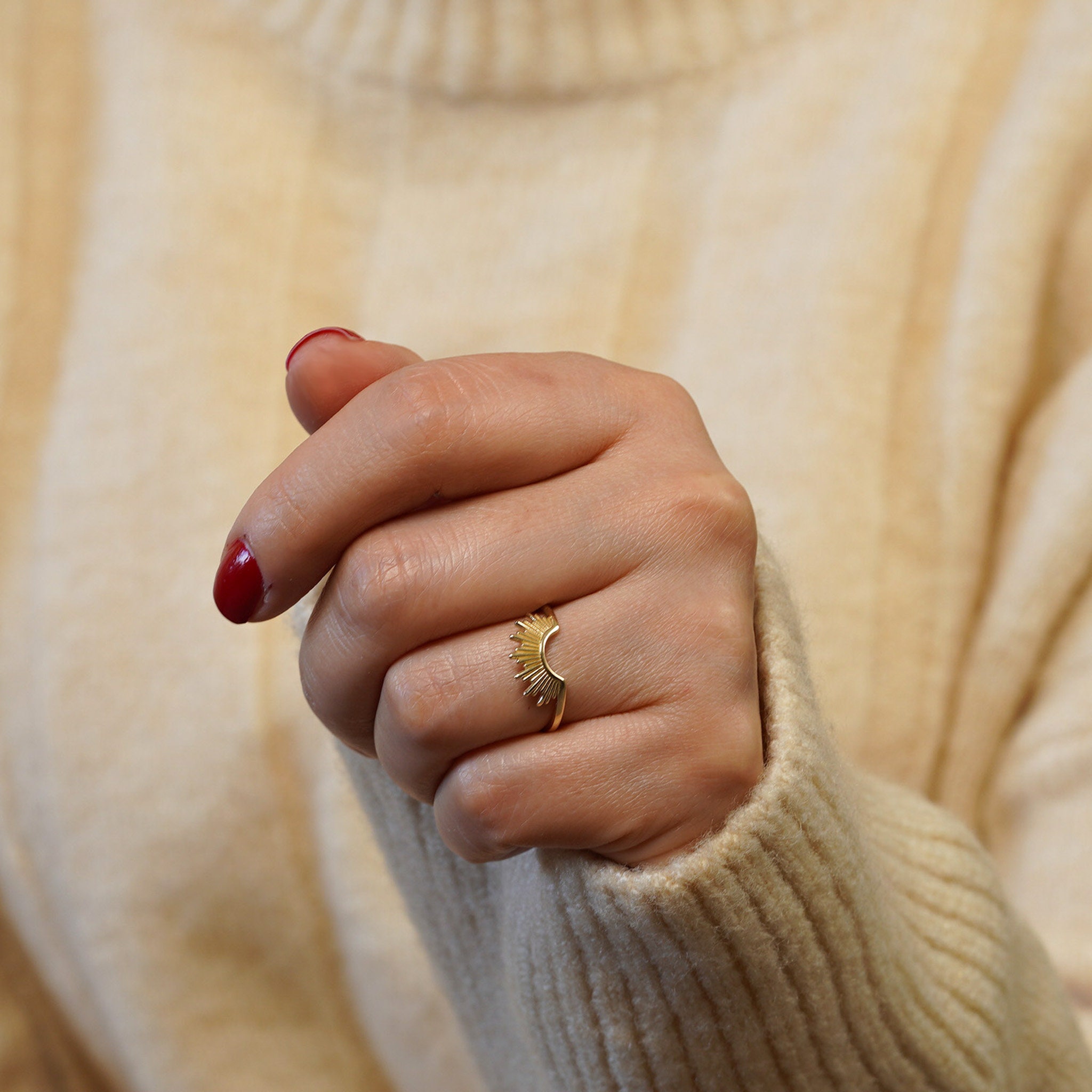 10K Gold Sunrise Ring, 10K Solid Gold Sunrise Ring, Rising Sun Ring, Sun Ring, Celestial Ring ...