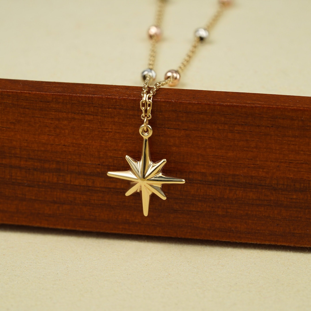 10K Gold North Star Necklace 12.3x12.3, 10K Solid Gold Celestial Star ...