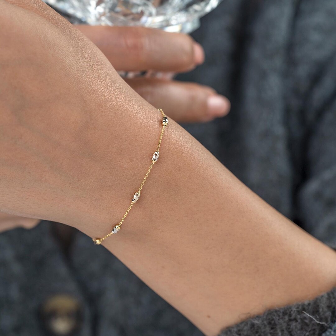 Bead Bracelet 10K Gold, Beaded Bracelet Two Tones, Minimal Bracelet ...