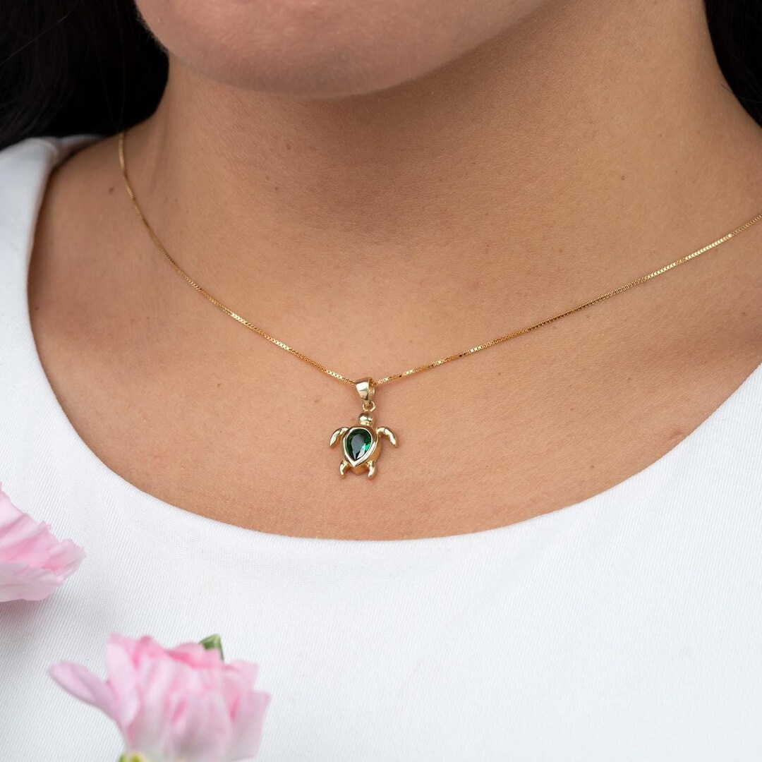 Emerald Turtle Necklace 14K Gold, Emerald Turtle Pendant Solid Gold ...