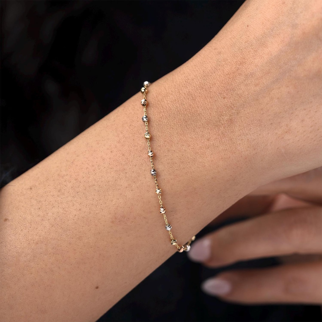 Tri-color Beaded Bracelet 10K Gold, Solid Gold Tri Color Beaded ...