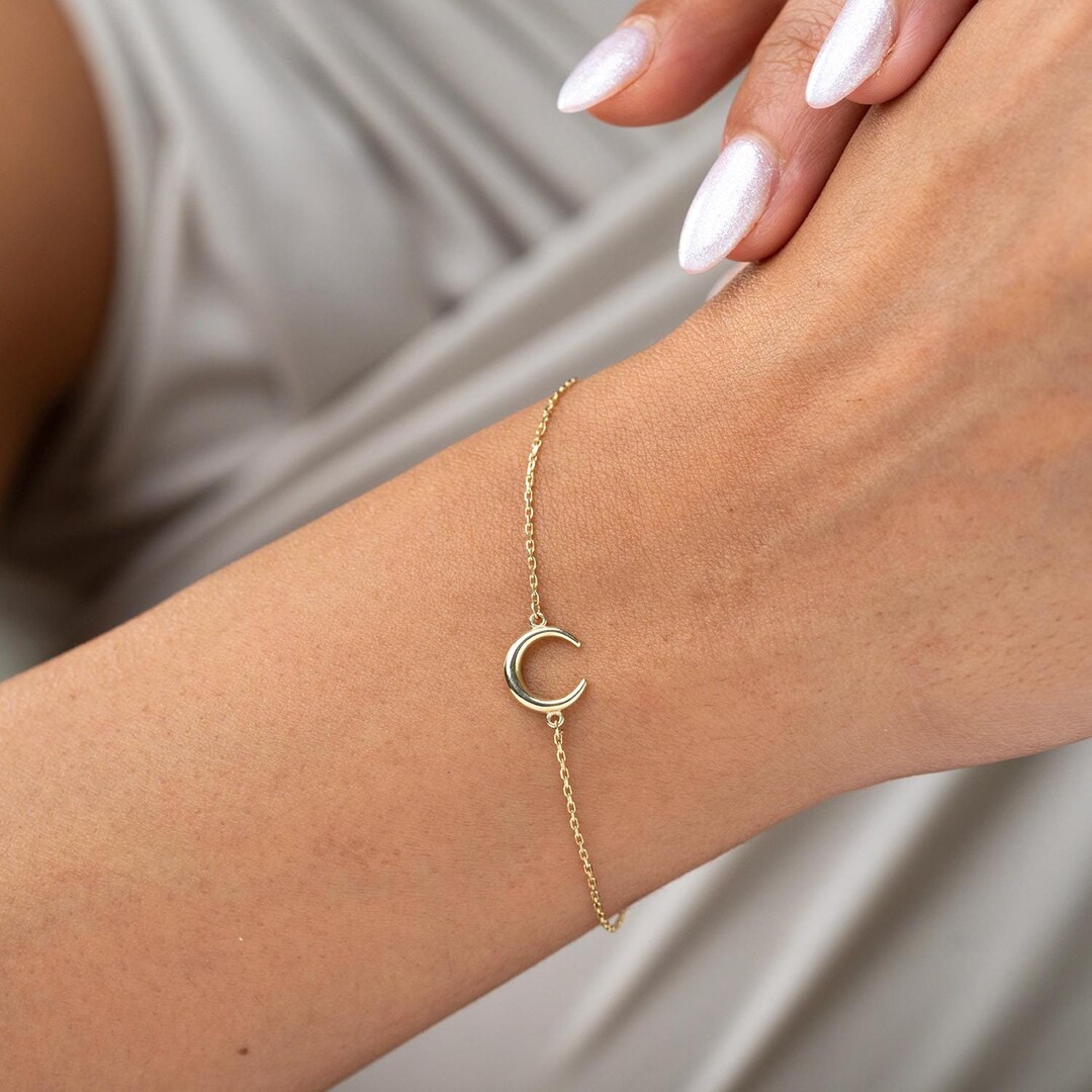 Crescent Moon Bracelet 10K Gold, Half Moon Bracelet, Celestial Bracelet, Moon Charm Bracelet ...