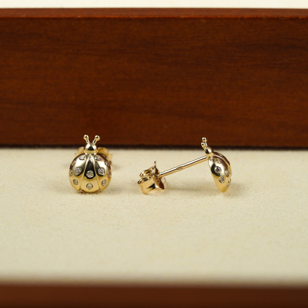 10K Gold Diamond Ladybug Earrings 9.5mm, 10K Solid Gold Ladybug Studs ...