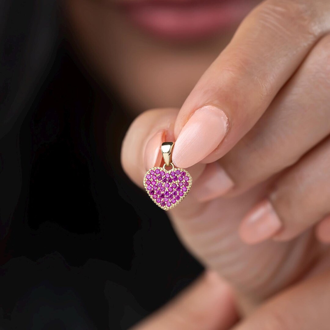 Ruby Heart Necklace 10K Gold, Ruby Heart Pendant Solid Gold, Valentine ...