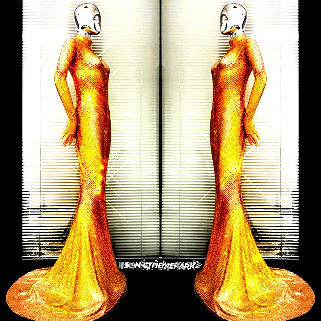 SONICTHEMEPARK Sun God Maxi Stretch Gloved Swarovski Rhinestone Gown ...