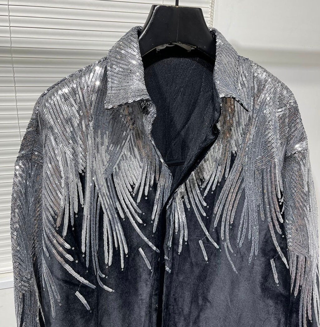Dripping Silver Sequin Feathered Velvet Shirt Unifit - Etsy