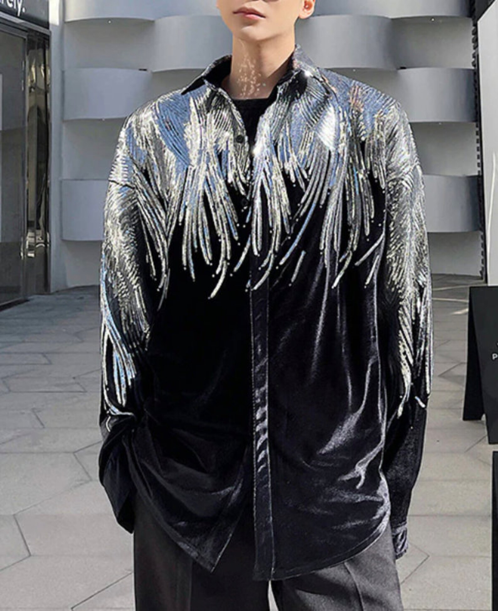 Dripping Silver Sequin Feathered Velvet Shirt Unifit - Etsy