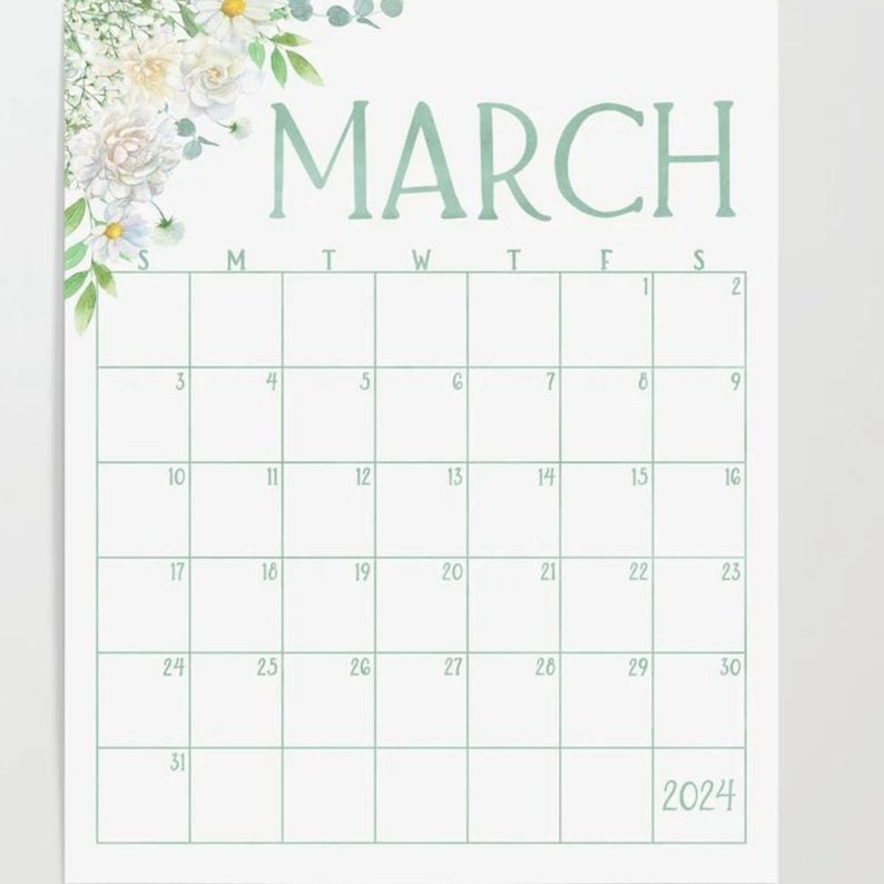 March 2024 Calendar Printable Instant Download Springtime Floral ...