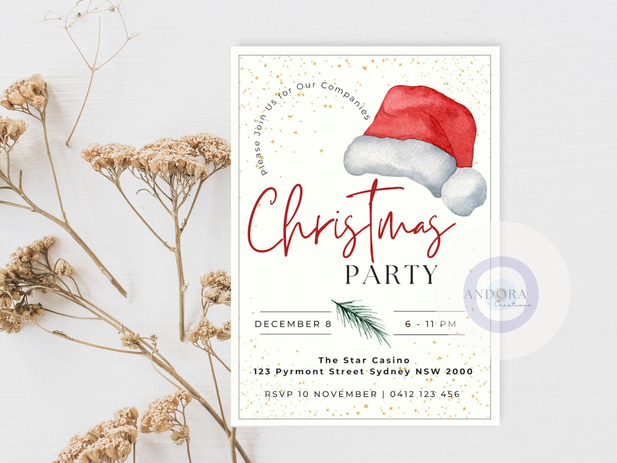 Editable Santa Hat Christmas Party Invitation, Christmas Invitation ...