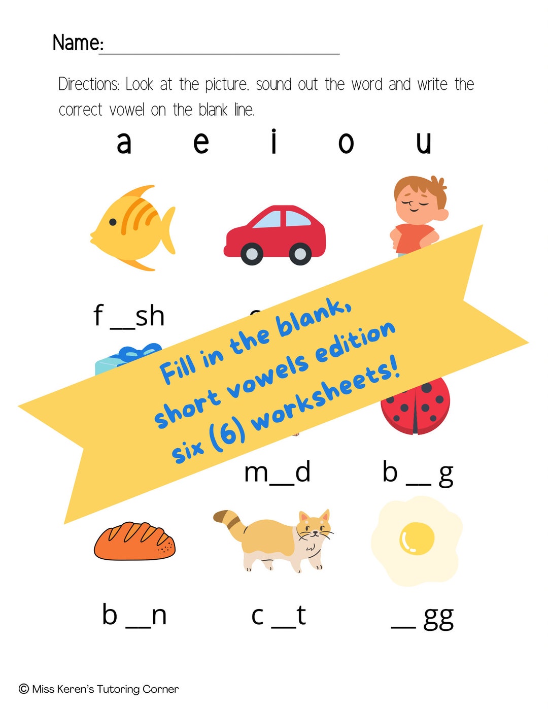 Fill in the Blank Short Vowels Worksheet - Etsy