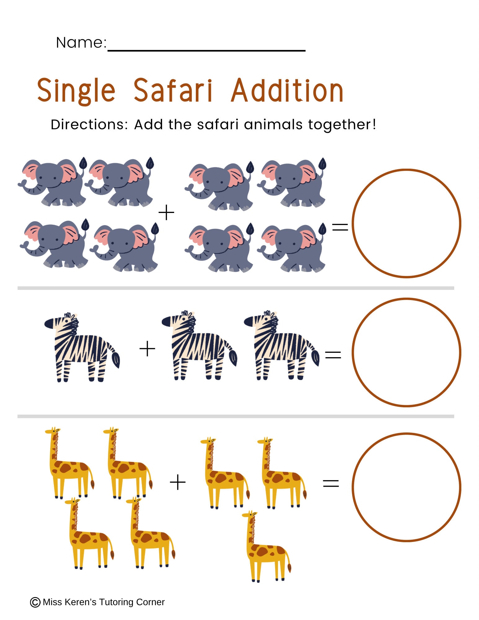 Math Worksheets Single Digit Cute Safari Animal Addition Edition (4 ...