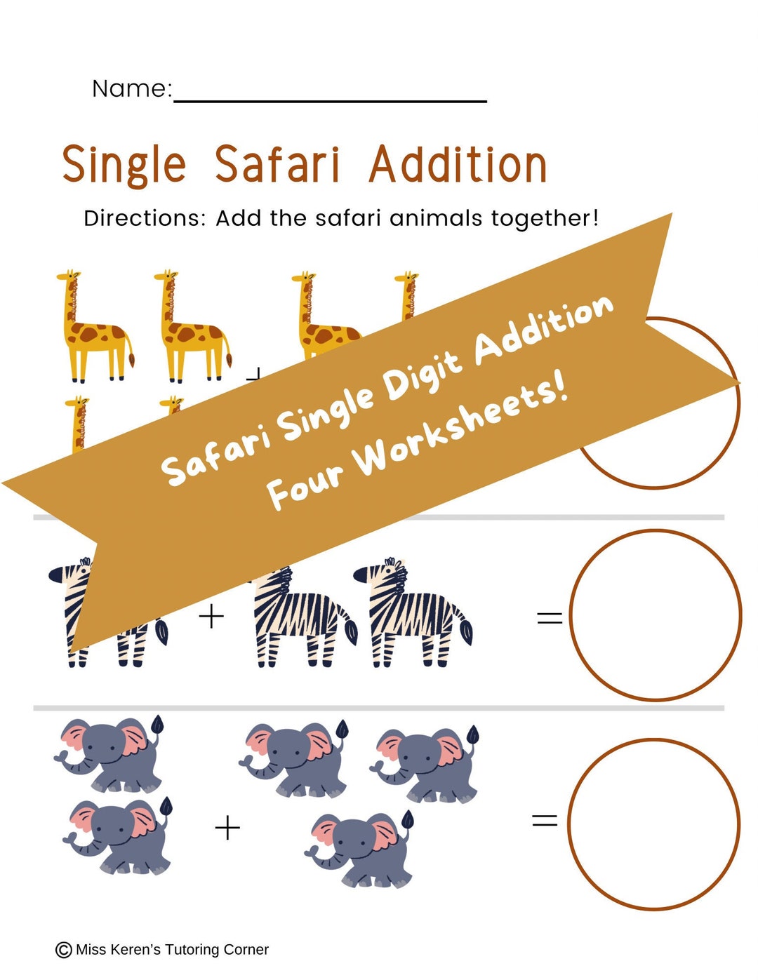 Math Worksheets Single Digit Cute Safari Animal Addition Edition (4 ...