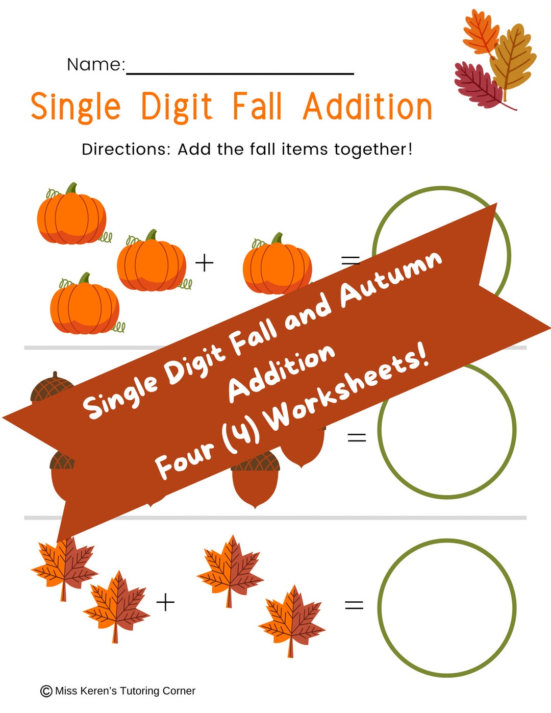 Math Worksheets Single Digit Cute Fall and Autumn Addition Edition - Etsy