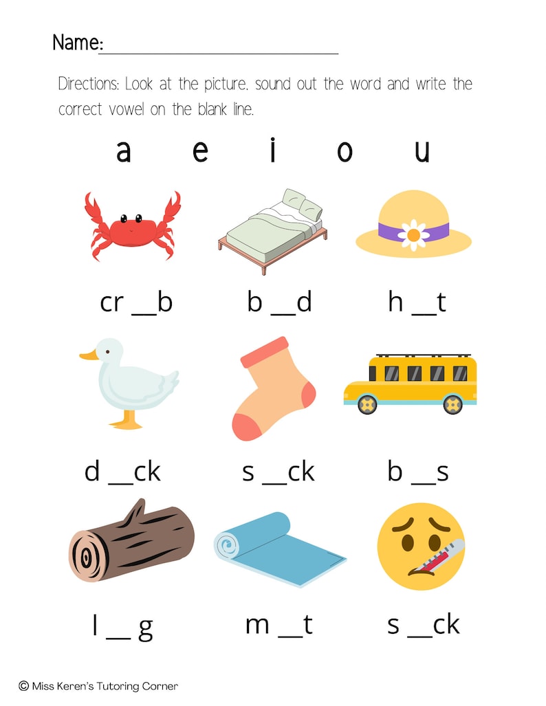 Fill in the Blank Short Vowels Worksheet - Etsy