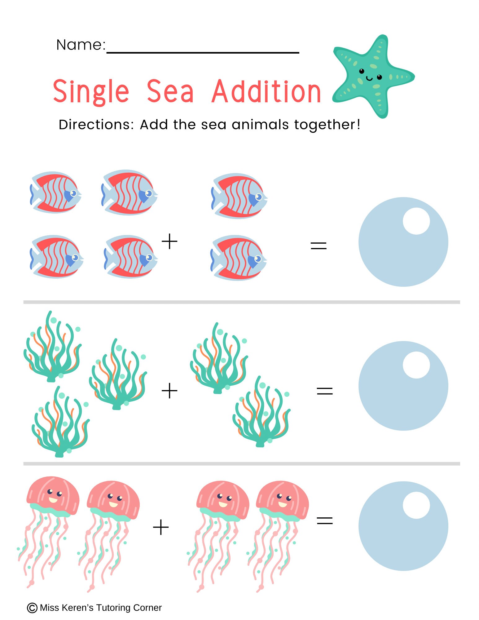 Math Worksheets Single Digit Cute Sea Animal Addition Edition (4 Pages ...