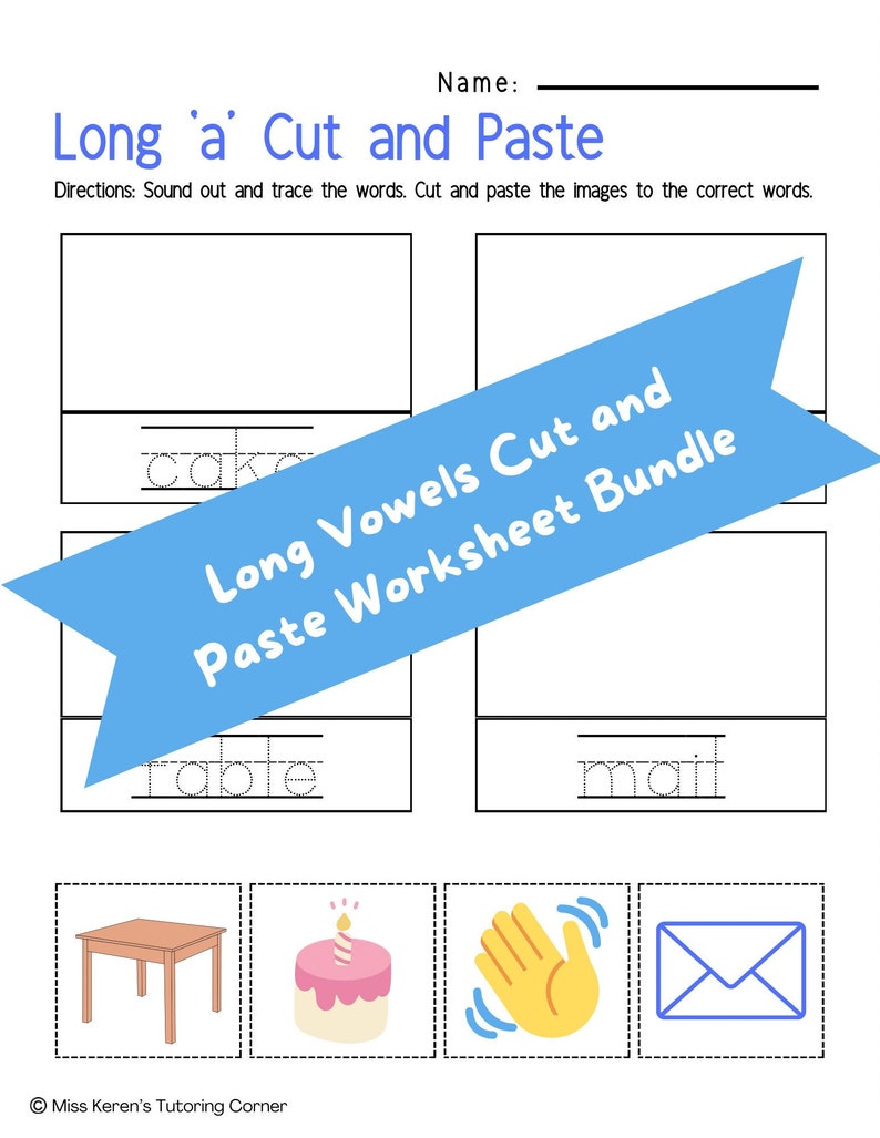 Long Vowels Cut & Paste Printable Worksheets (10 Worksheets) - Etsy