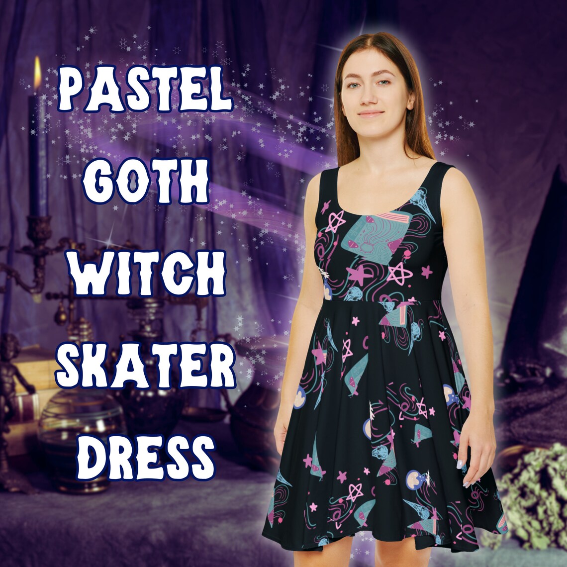 Pastel Goth Witch Skater Dress - Witchy Dress - Asymmetrical Skirt ...