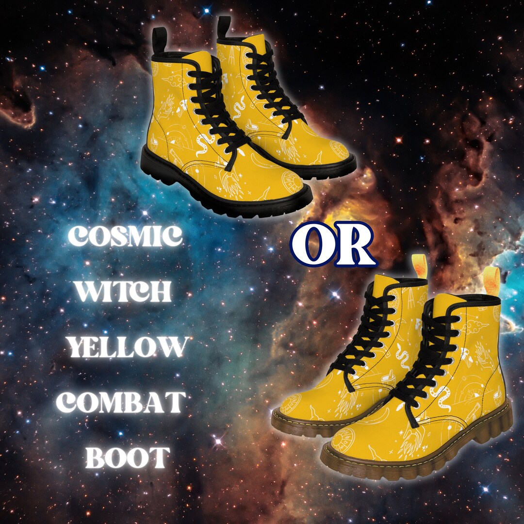 Womens Cosmic Witch Yellow Combat Boots - Yellow Canvas Vegan Boot ...