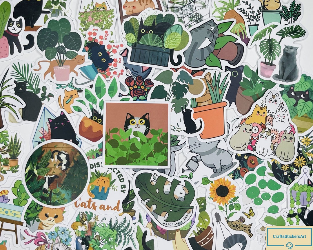 CUTE CAT and Plant Sticker, Plants Mom Stickers Gift, Planner Stickers ...