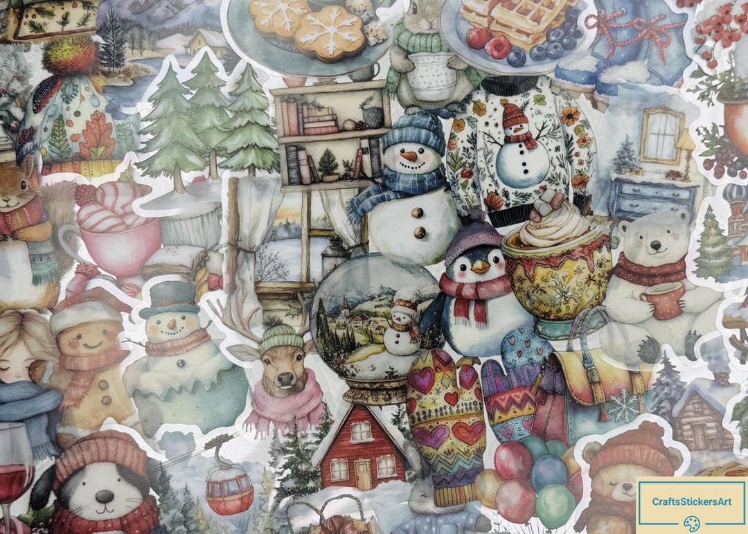 Cozy Winter Sticker Pack, Watercolor Christmas Vinyl Stickers, Snowman ...