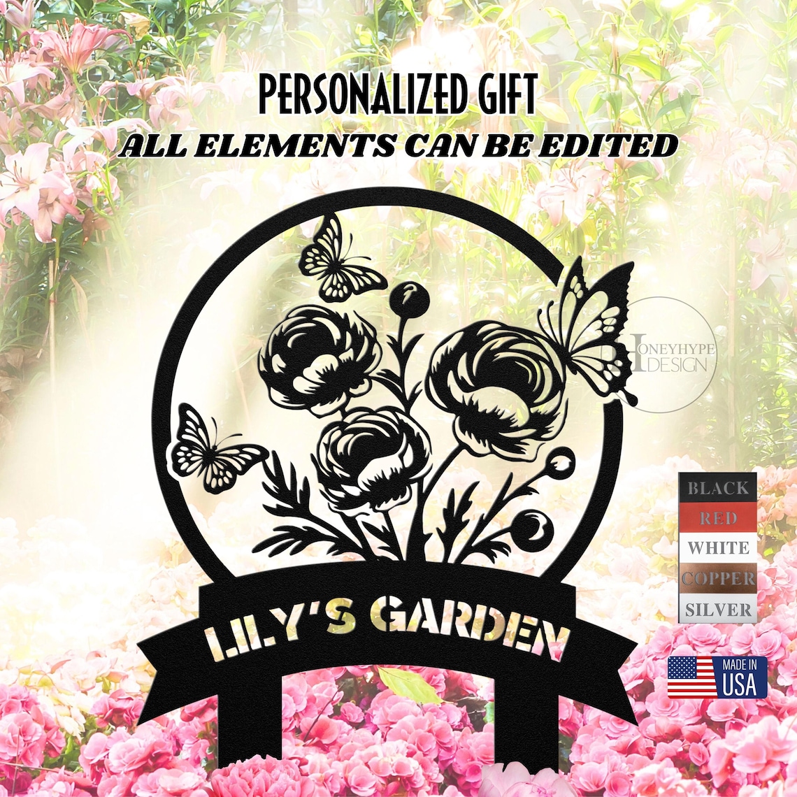 Custom Metal Garden Sign Peony Flowers Garden Metal Stake With ...