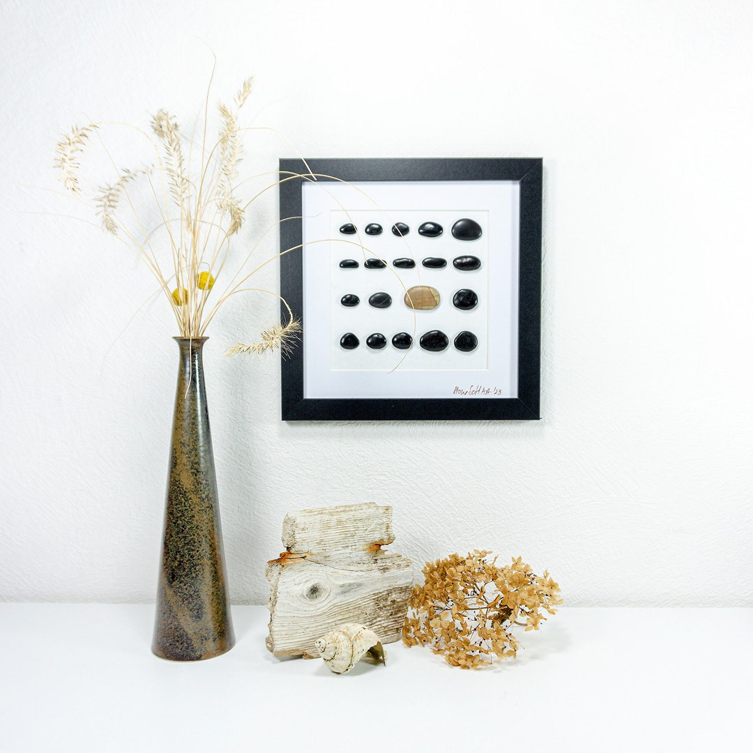 Unique BEACH PEBBLES Wall ART 'livorgno', Framed Handmade Black Stones ...