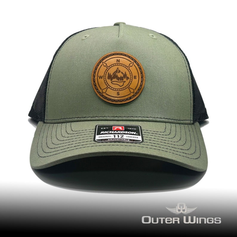 Outdoor Compass Leather Patch Hat Richardson 112 Snapback Laser Engraved Design Handcrafted ...