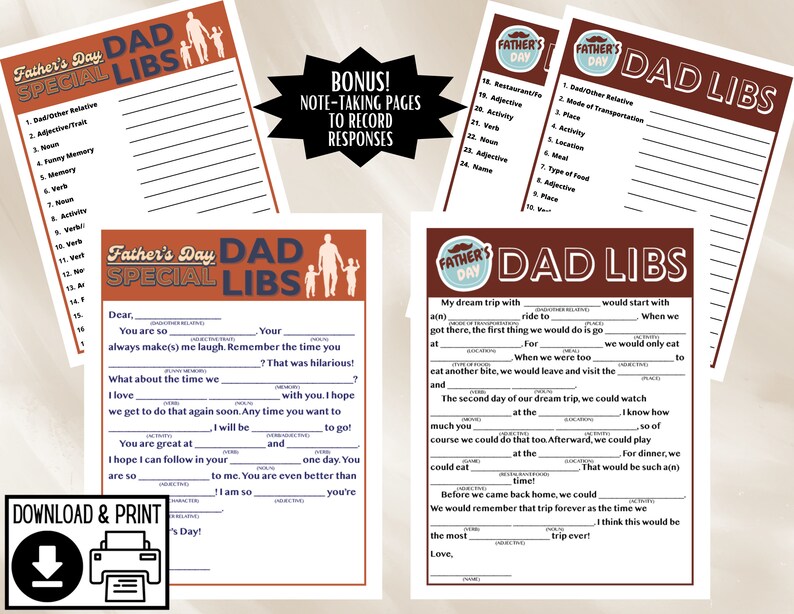 Fathers Day Dad Libs Printable Bundle Two Separate Stories - Etsy