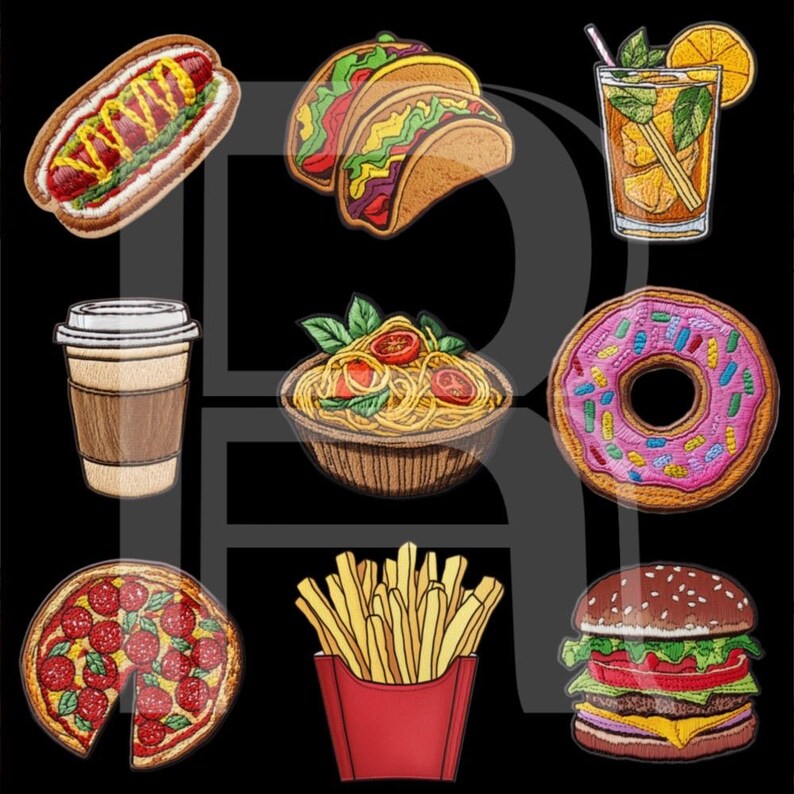 Fast Food Embroidered Patches PNG Pack, Food Patches for Design ...