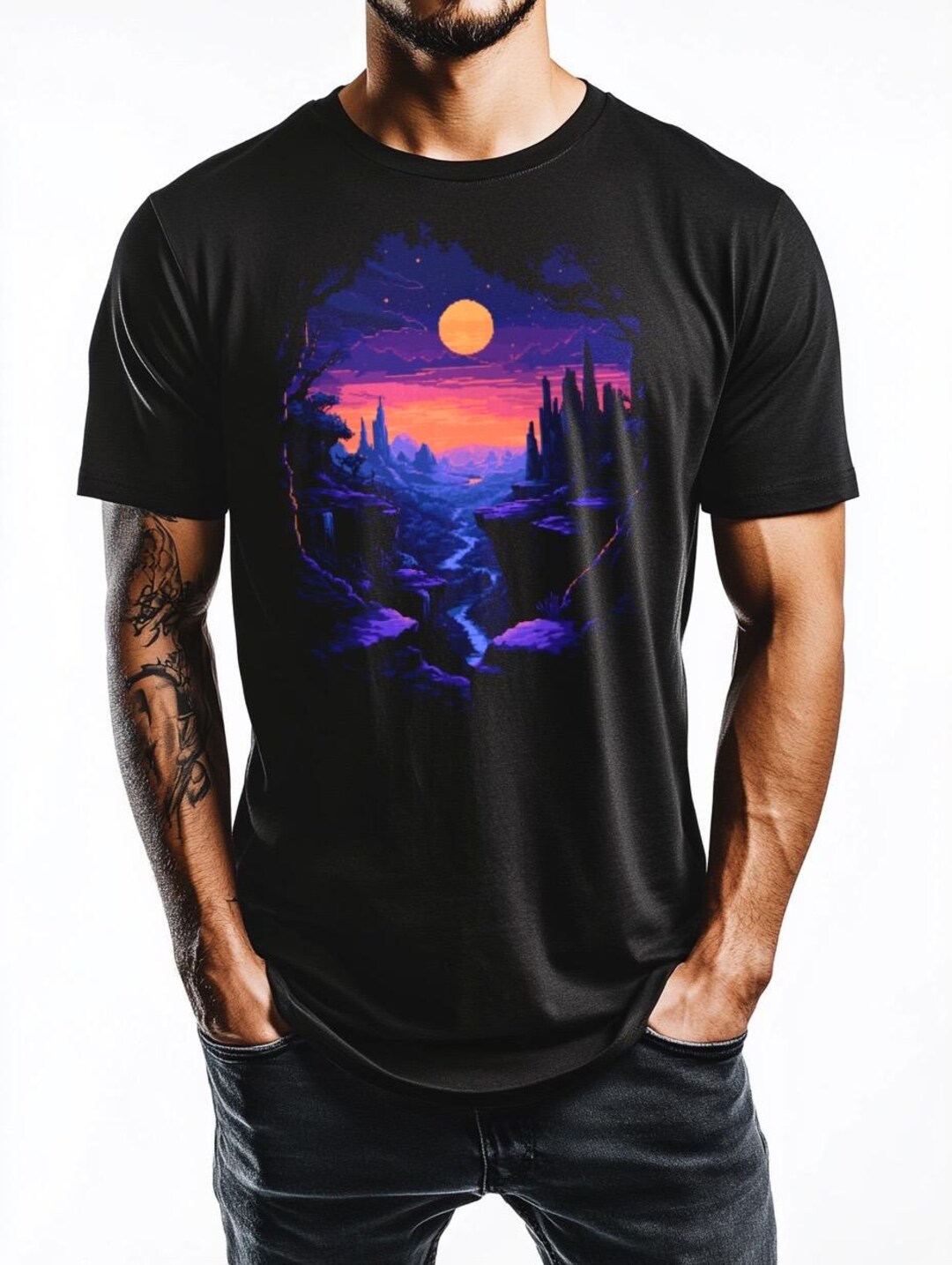 8-bit Pixel Retro Game Inspired Fantasy Landscape Black Tshirt Design ...
