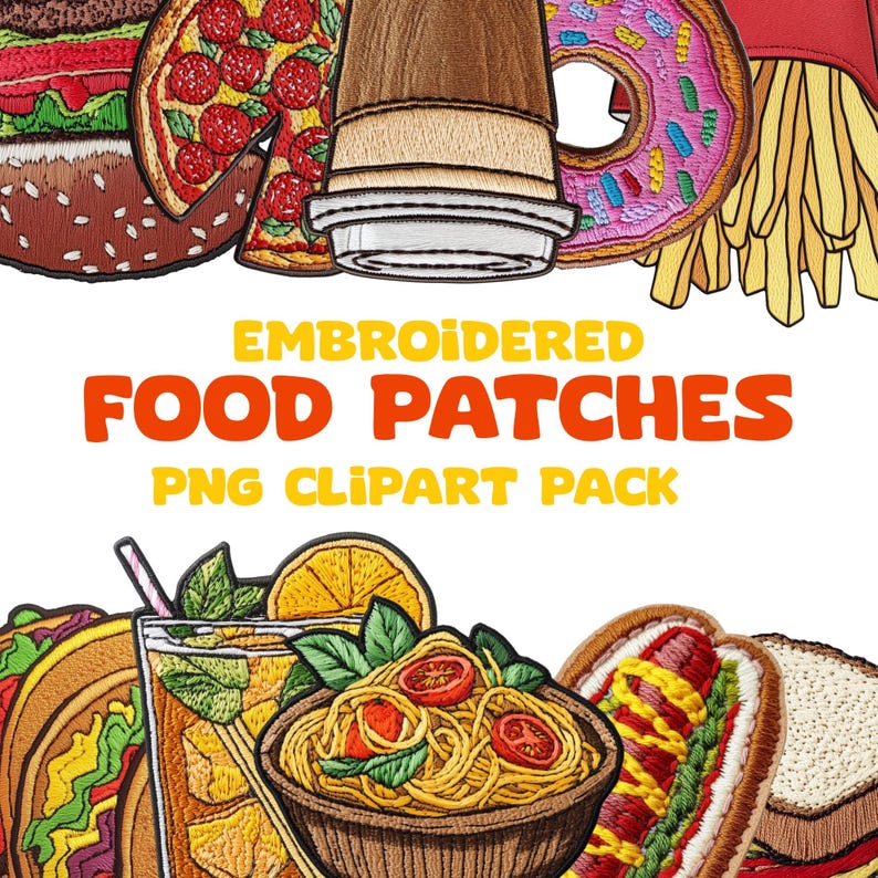 Fast Food Embroidered Patches PNG Pack, Food Patches for Design ...
