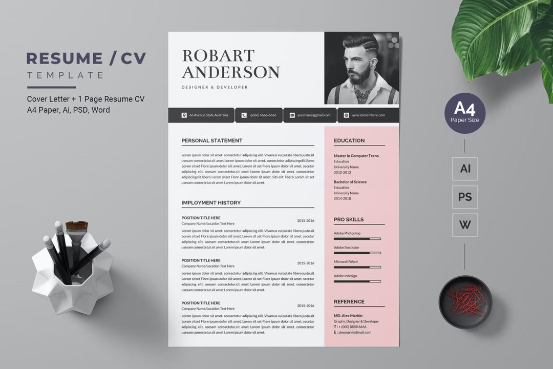 Pink CV TEMPLATE Resume Word. Professional Resume Template. Minimalist ...