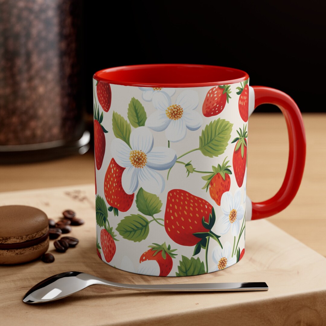 Strawberry Mug, Strawberry Floral Mug, Spring Strawberry Mug, Red ...