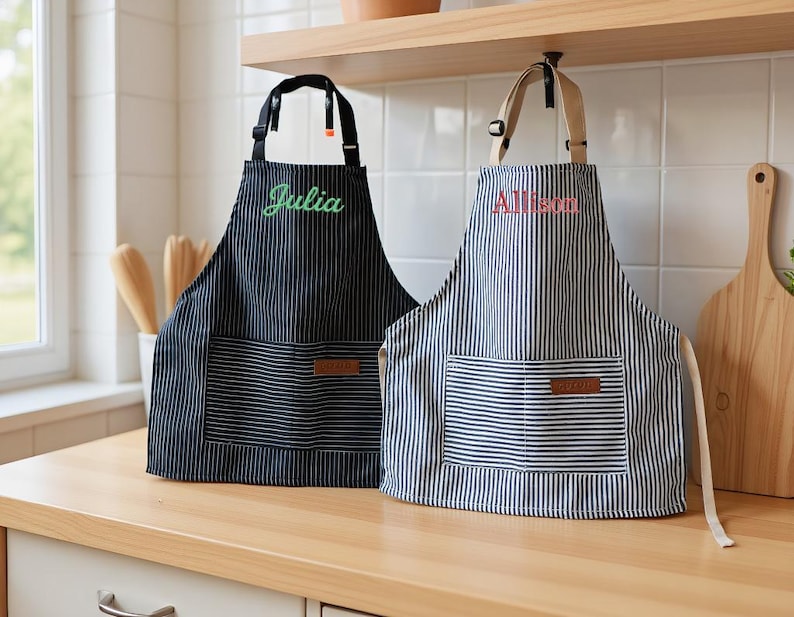 Personalized Embroidered Apron Set – Matching Family Aprons, Striped ...