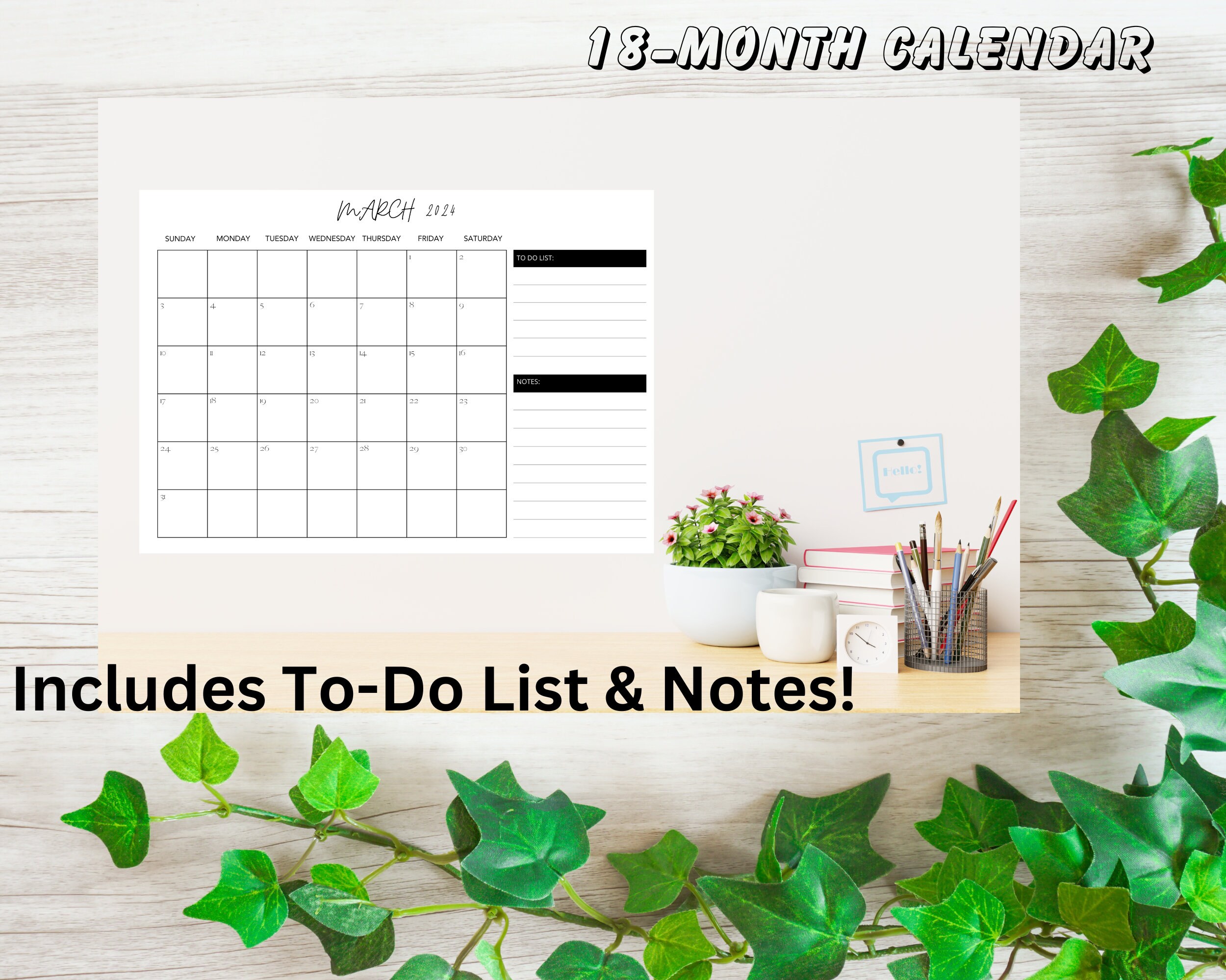 18-month Calendar, Digital Download Calendar, To-do List, Notes, 2023 ...