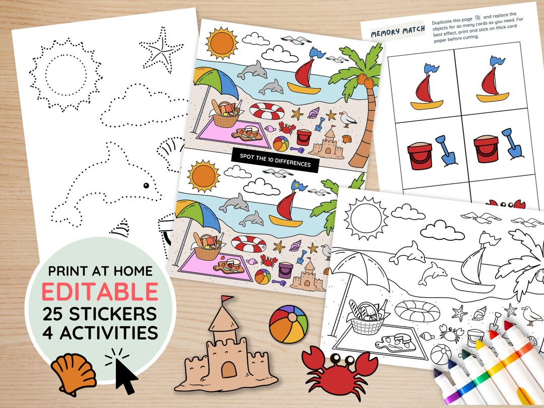 Editable Summer Printable Coloring Activities & Digital Stickers - Etsy