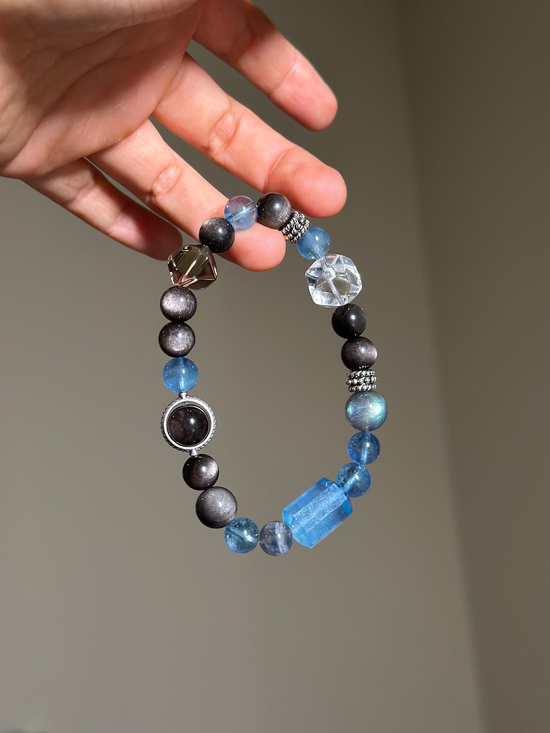 Aquamarine, Silver Obsidian, Labradorite, Smoky Quartz, Beaded Gemstone ...