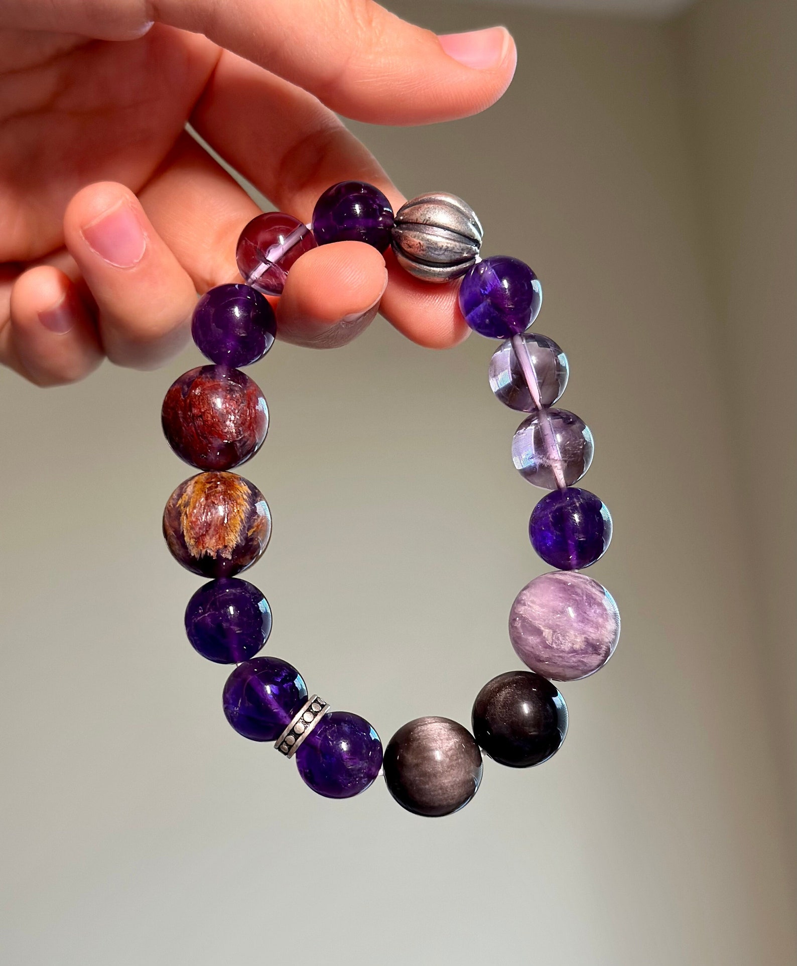 Amethyst/phantom Quartz/obsidian, Beaded Gemstone Bracelet, Bead ...
