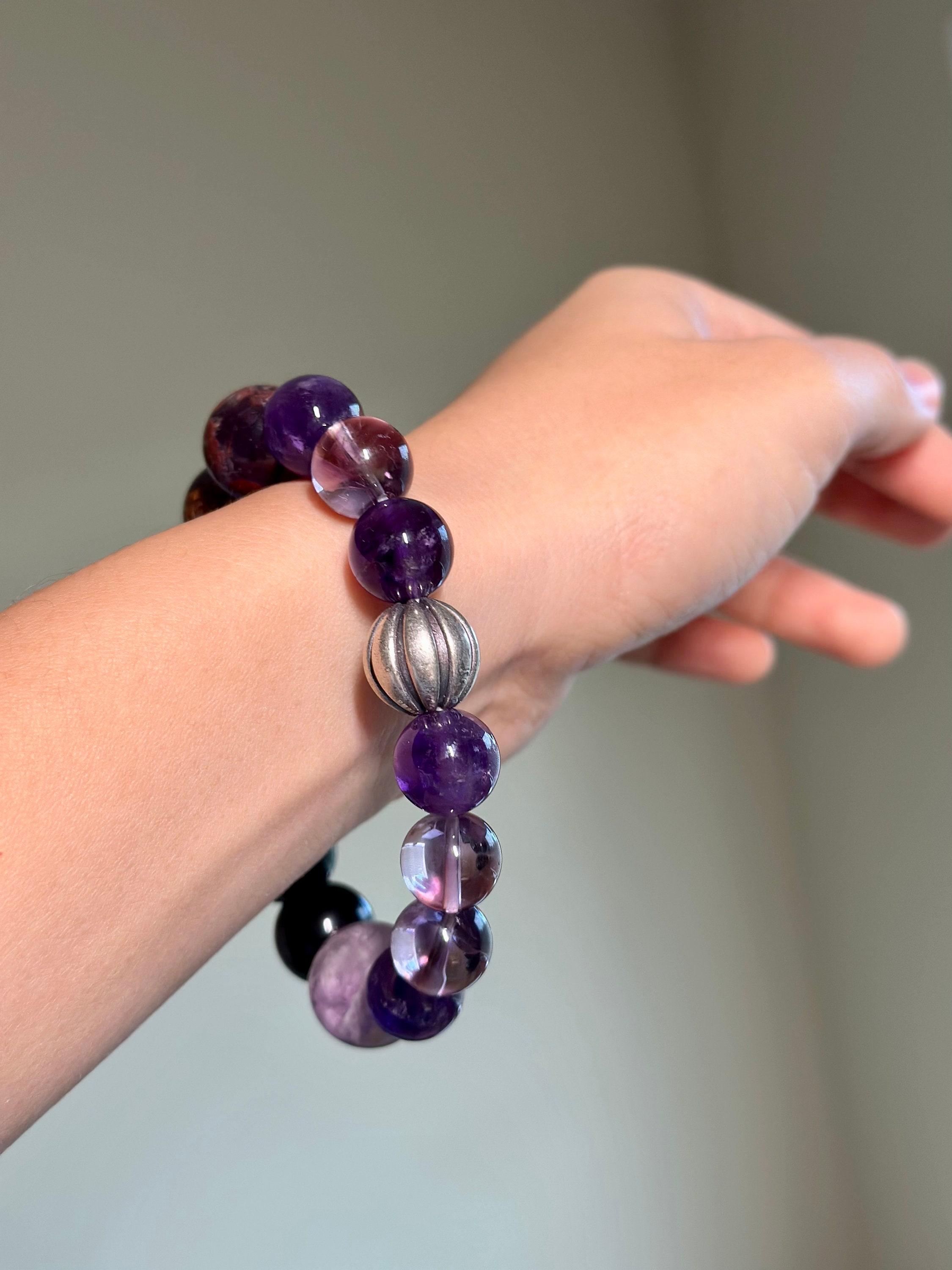Amethyst/phantom Quartz/obsidian, Beaded Gemstone Bracelet, Bead ...