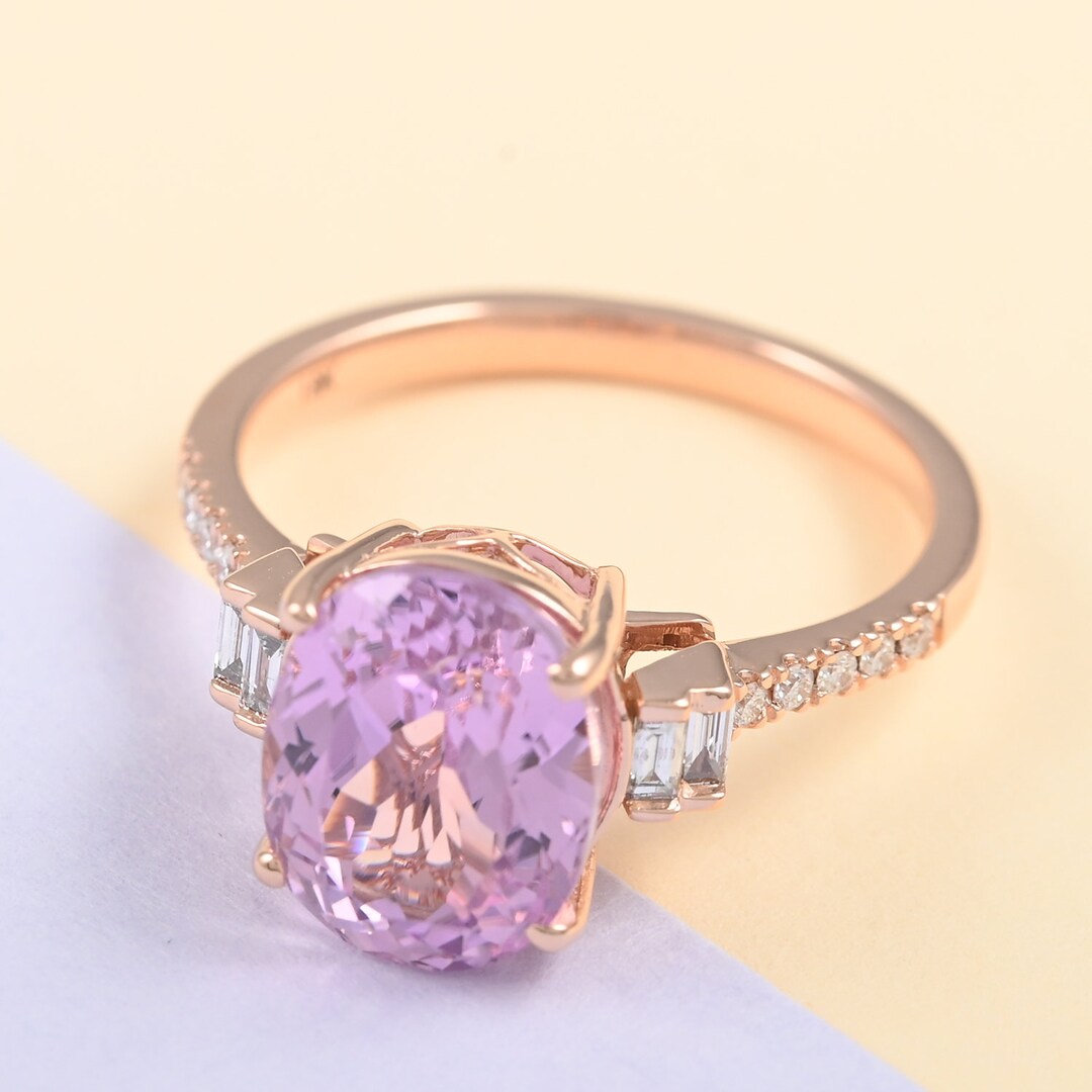 Natural Kunzite and Moissanite Ring in 14K Rose Gold Plated Sterling ...