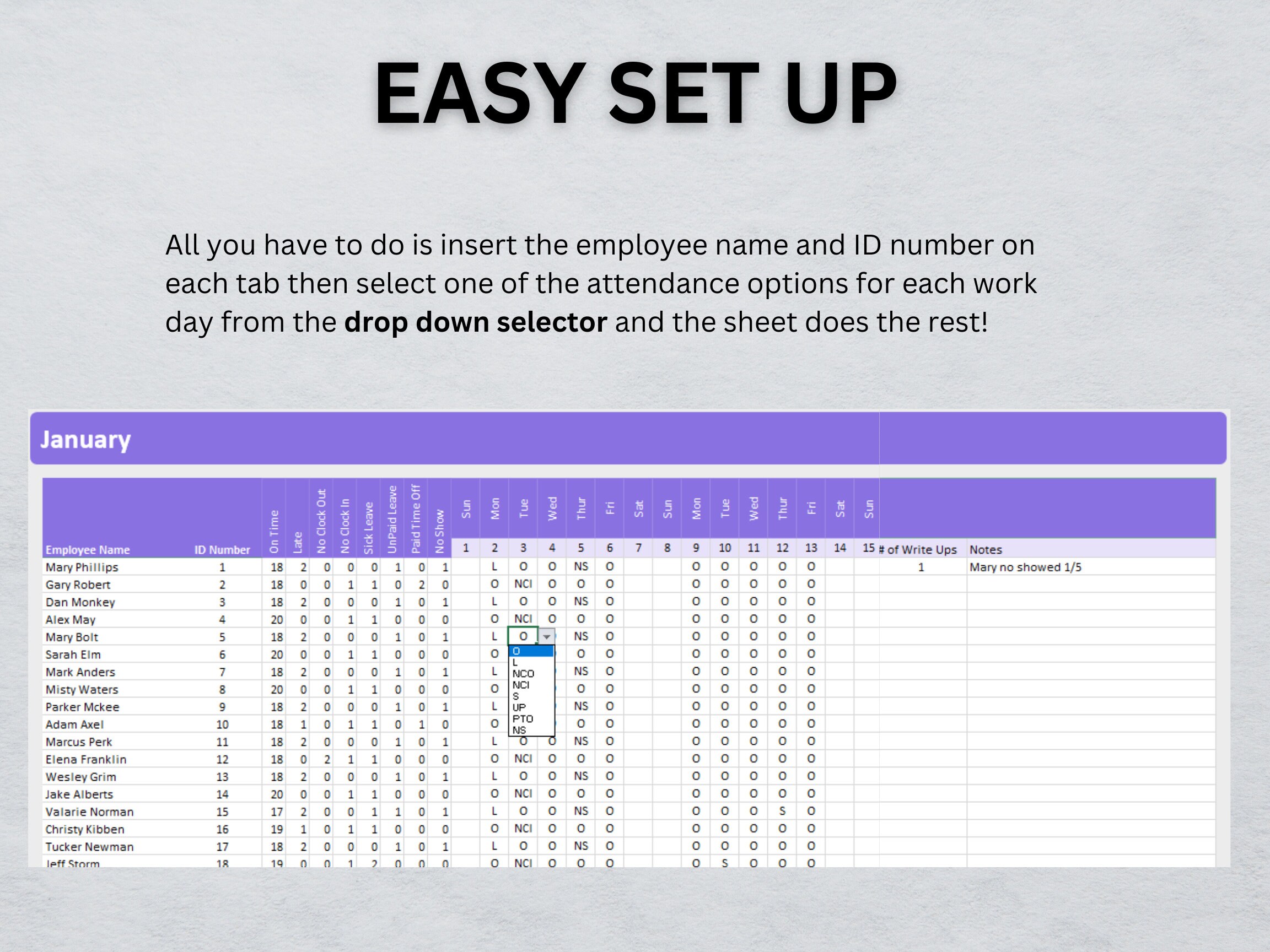 Employee Attendance Excel Spreadsheet, Employee Performance, Attendance ...