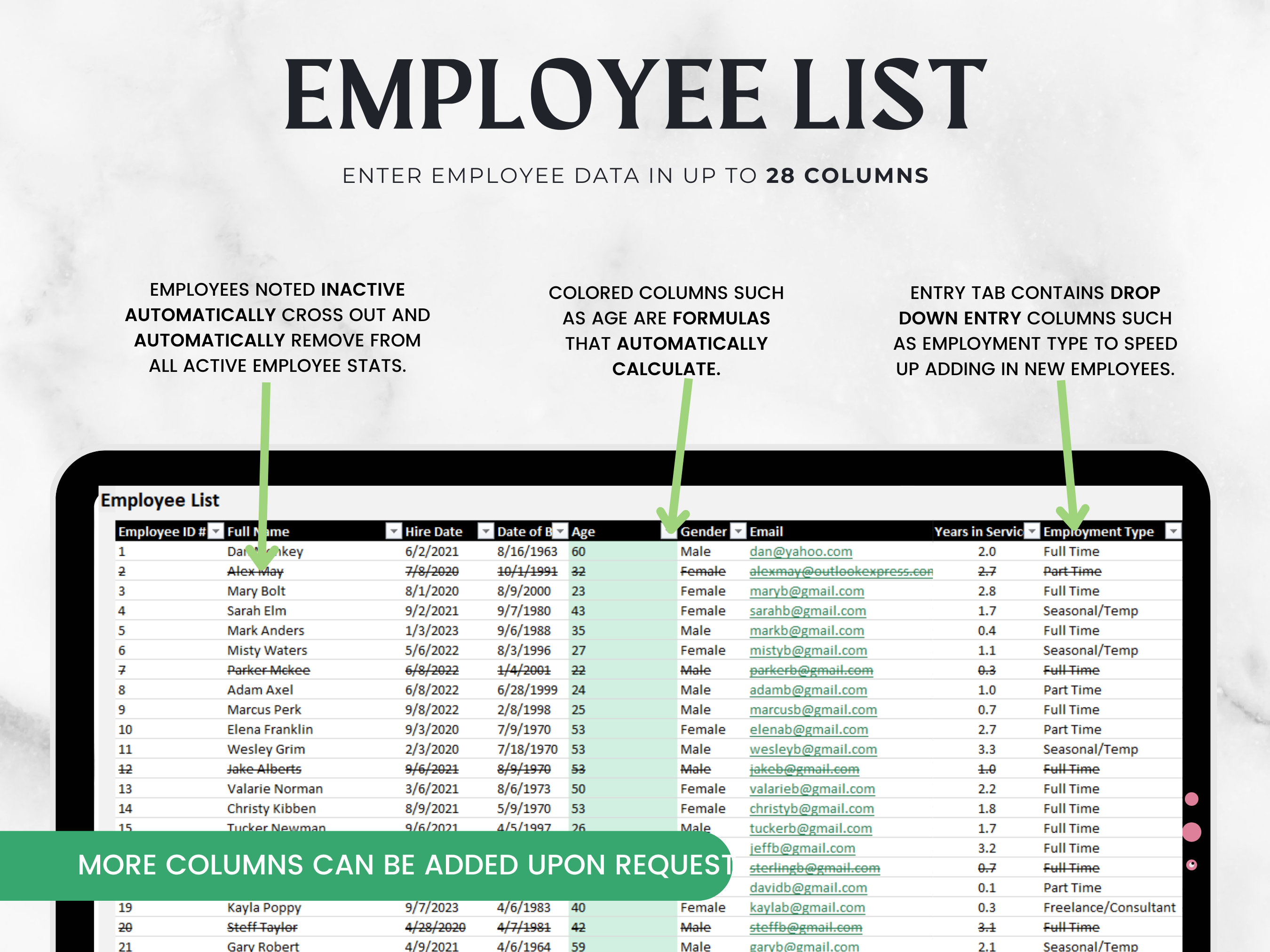 Employee List Dashboard Spreadsheet, Employee Performance, Human Resource Spreadsheet, Employee ...