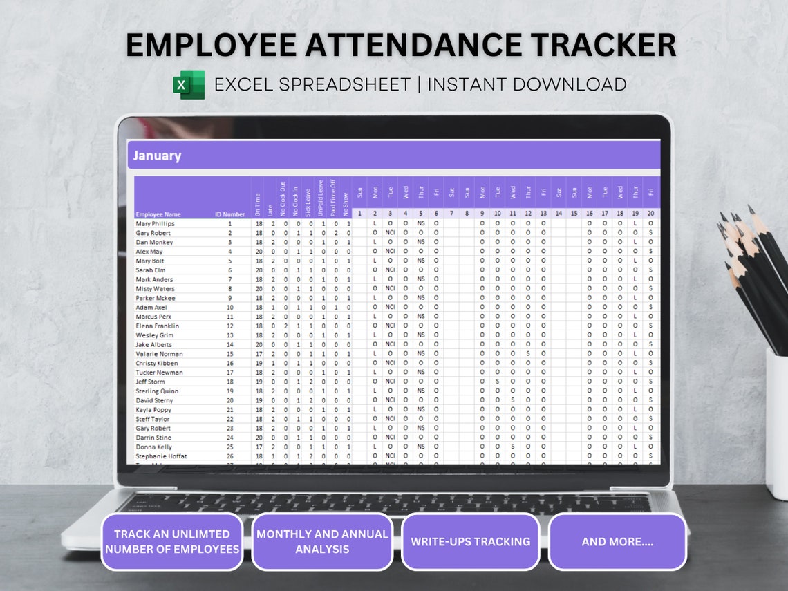 Employee Attendance Excel Spreadsheet, Employee Performance, Attendance ...