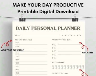 Daily Planner Downloadable, Daily Planner Printable Hourly, Undated ...