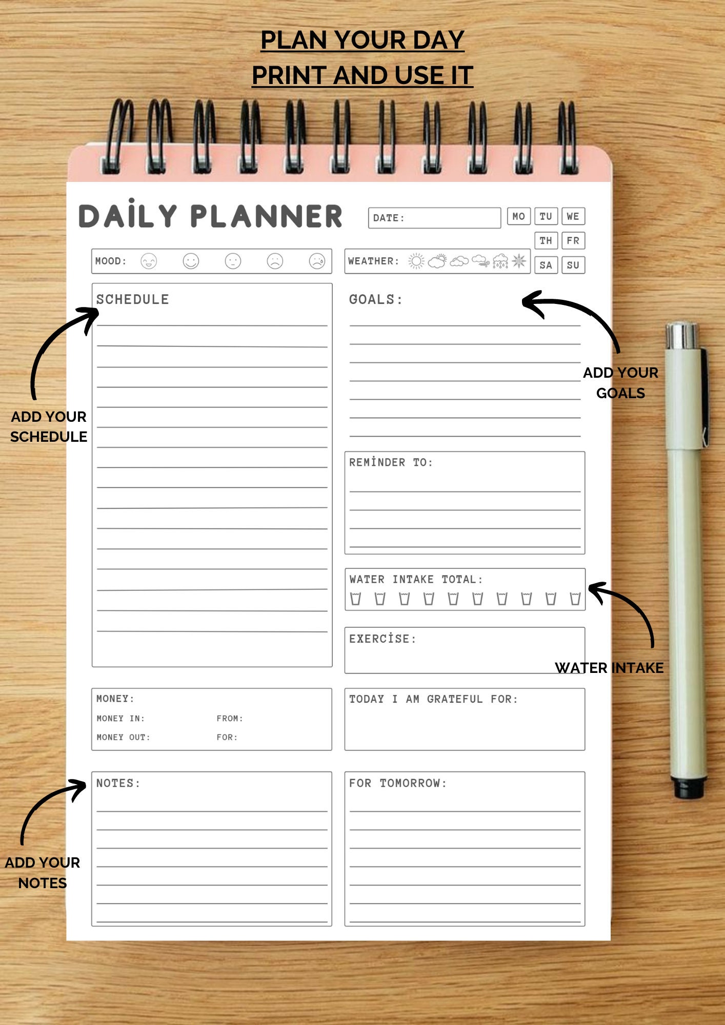 Daily Planner Downloadable, Daily Planner Printable Hourly, Undated ...