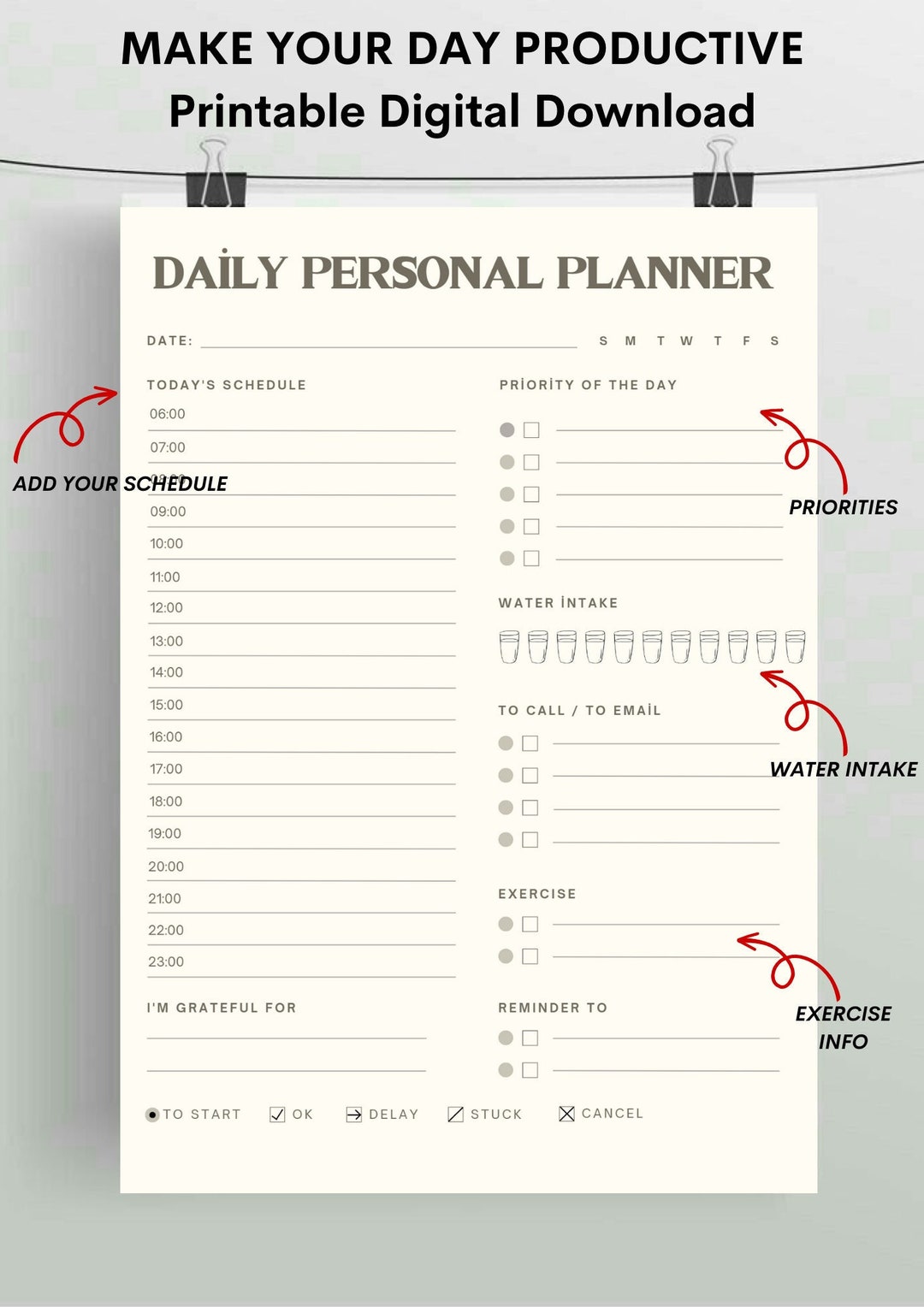 Daily Planner Downloadable, Daily Planner Printable Hourly, Undated ...
