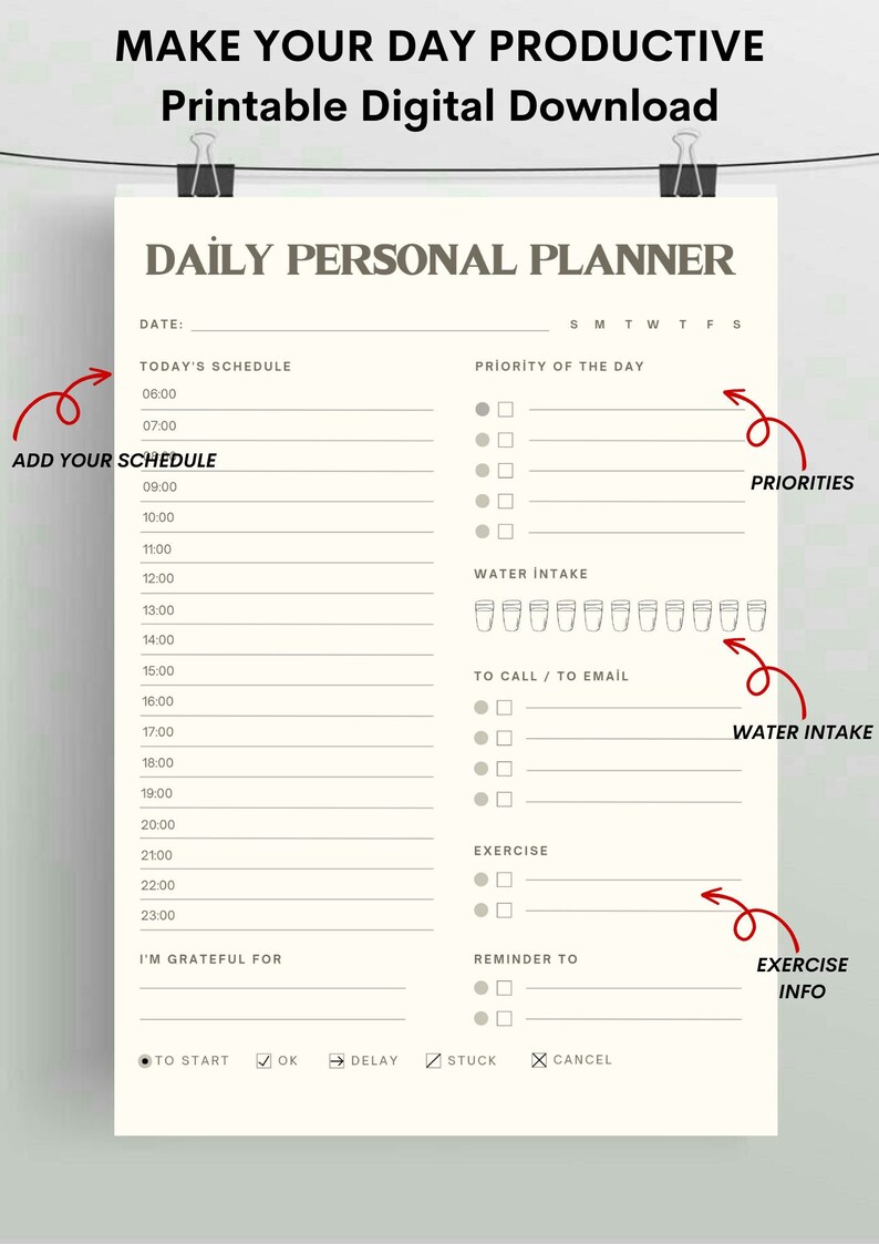 Daily Planner Downloadable, Daily Planner Printable Hourly, Undated ...