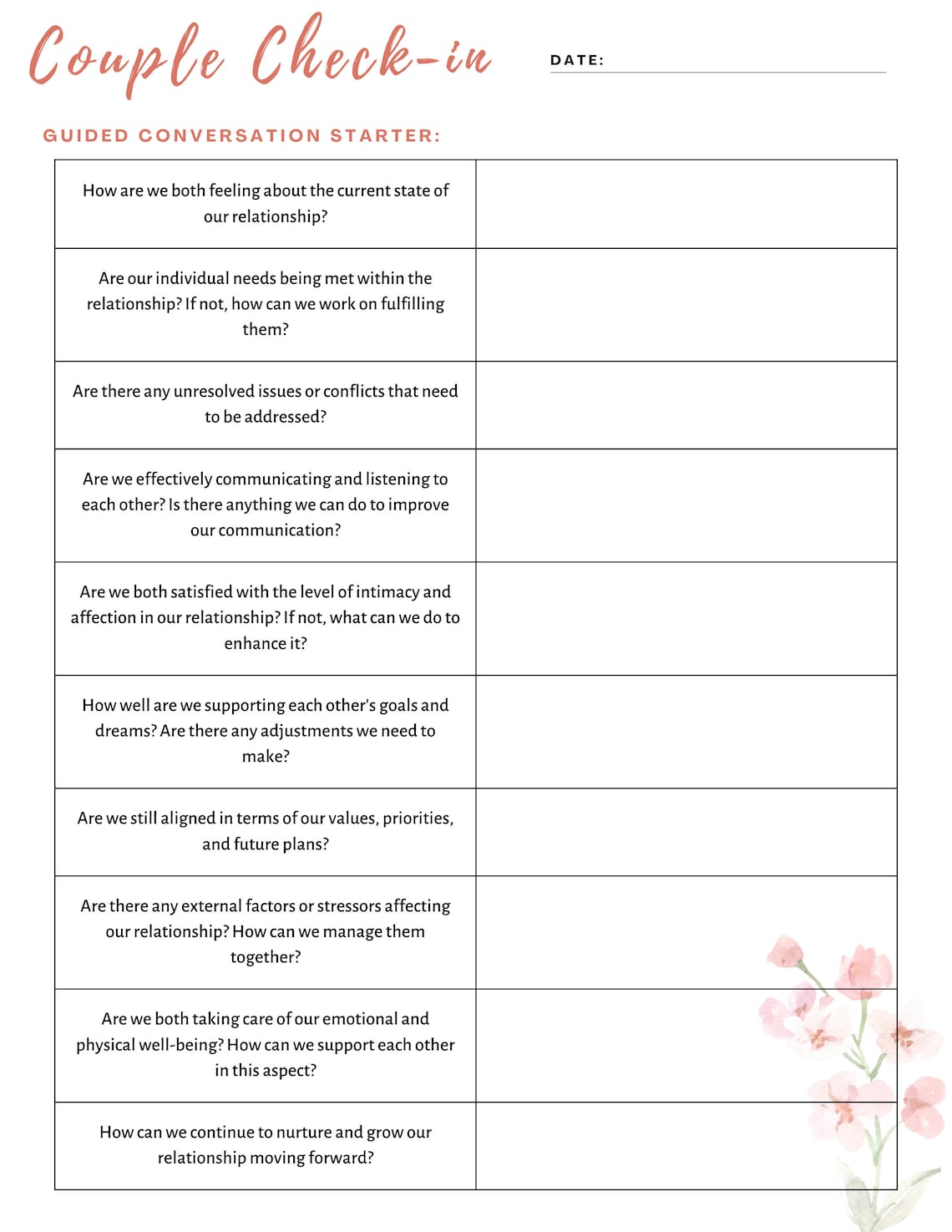 Couple Check-in Worksheet - Etsy